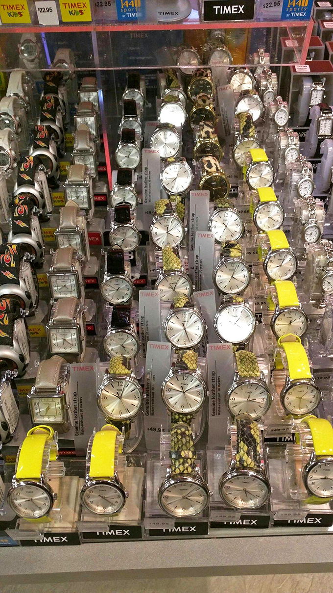 A hypnotic array of Timex watches that proves good design doesn't require a second mortgage. Time literally flies when you're having fun shopping.