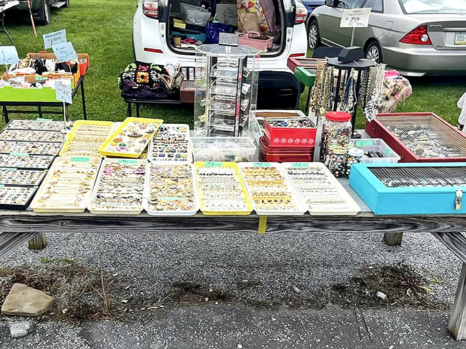 Jewelry displays that would make a magpie swoon. Each tray a constellation of potential statement pieces waiting for the right wrist or neck.