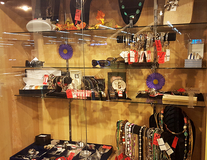 Behind glass doors, yesterday's accessories await tomorrow's outfits. These jewelry displays offer sparkle and shine without the luxury boutique price tag.