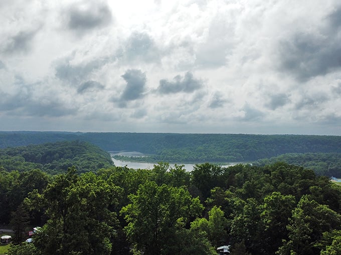 From this breathtaking vantage point, the lake nestles between rolling hills like a sapphire in nature's jewelry box.