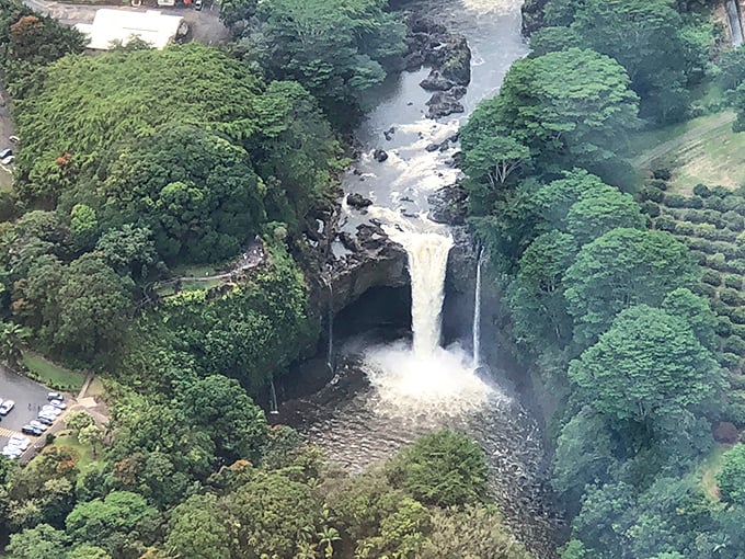 An aerial view reveals Rainbow Falls' true grandeur. From up here, you can see how the river has carved its own amphitheater into the landscape.