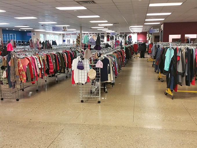 The clothing department stretches to the vanishing point, a carefully organized labyrinth where patient shoppers are rewarded with unexpected finds.