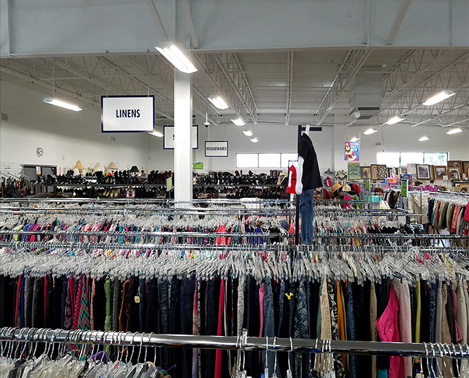 Rows upon rows of possibilities&mdash;the clothing section stretches like a rainbow of second chances for fashion-forward shoppers.