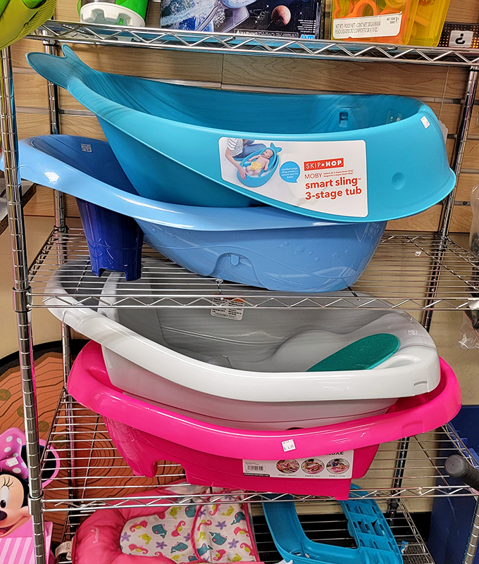 Baby bathtubs in cheerful colors&mdash;because even tiny humans deserve stylish splashing quarters at thrift store prices.