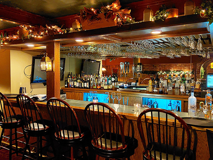 The bar gleams with promise and perfectly arranged glassware, ready to serve everything from craft beers to carefully mixed cocktails always.