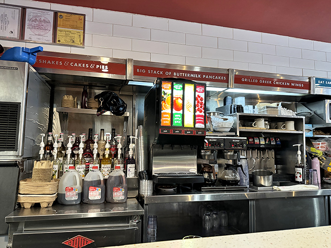The beverage station stands ready for action like a caffeinated command center, promising liquid motivation for sleepy patrons.