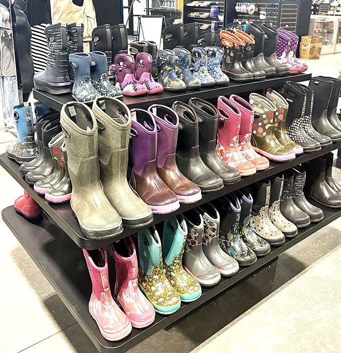 Rain boot runway featuring practical North Dakota fashion. When spring thaw turns everything to mud, these colorful boots become essential wardrobe heroes.