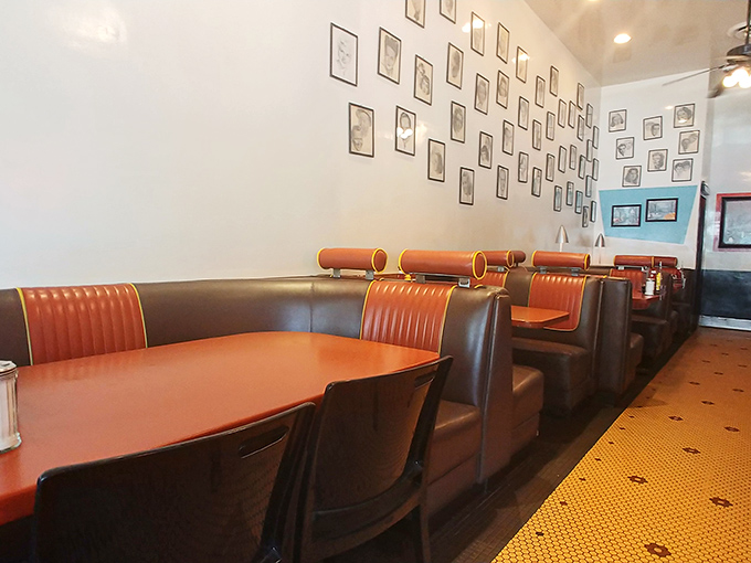 Orange-trimmed booths invite you to slide in and stay awhile&mdash;possibly until your next meal becomes socially acceptable.