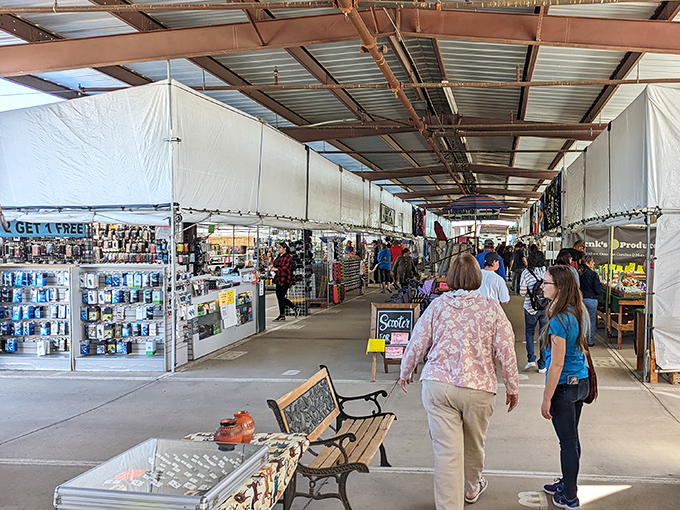 The market's bustling main drag, where shoppers prowl for deals. Like a mall, but with better stories and no annoying muzak.