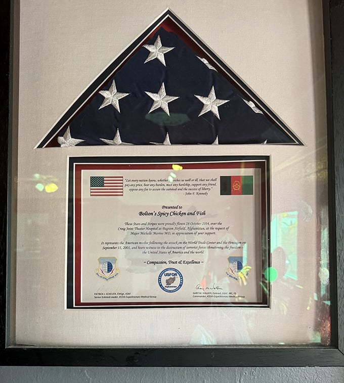 Even the military recognizes Bolton's firepower. This certificate suggests their hot chicken might qualify as a tactical weapon.