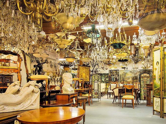 A chandelier wonderland that would make Sia want to swing from the ceiling. Lighting from five decades creates a glittering historical timeline.