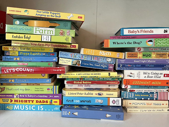 A tower of children's books tall enough to keep little ones entertained from preschool through college. "Mighty Dads" might be my new superhero obsession.
