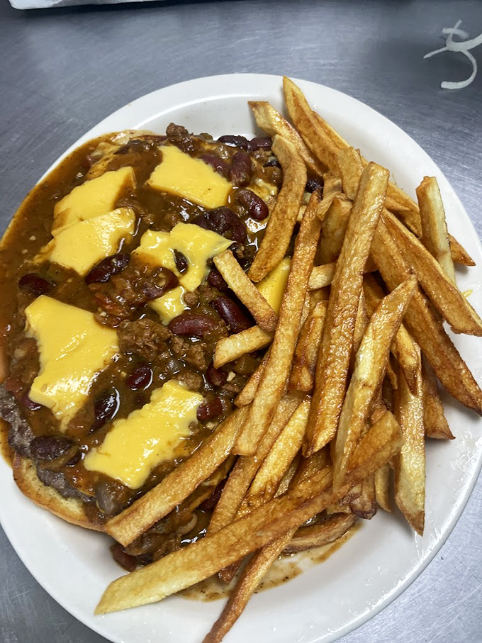 Chili cheese fries that blur the line between side dish and main event &ndash; the kind of comfort food that makes Wyoming winters bearable.