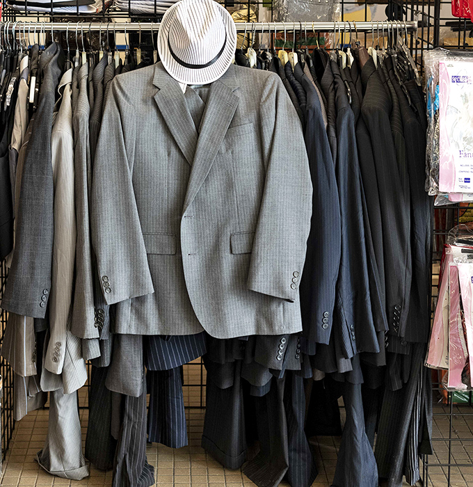 Suit yourself in secondhand style! These gray pinstripes could take you from job interview to wedding reception for less than a fancy dinner.