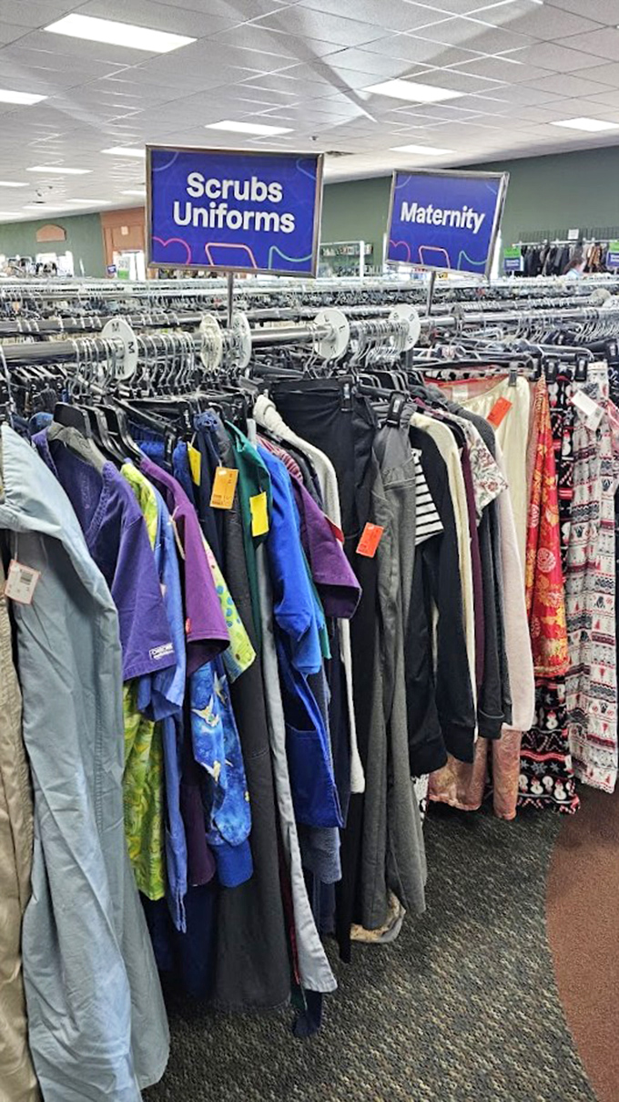 The scrubs and maternity section proves thrifting isn't just for vintage hunters&mdash;practical finds for real-life needs at prices that won't require a second mortgage.