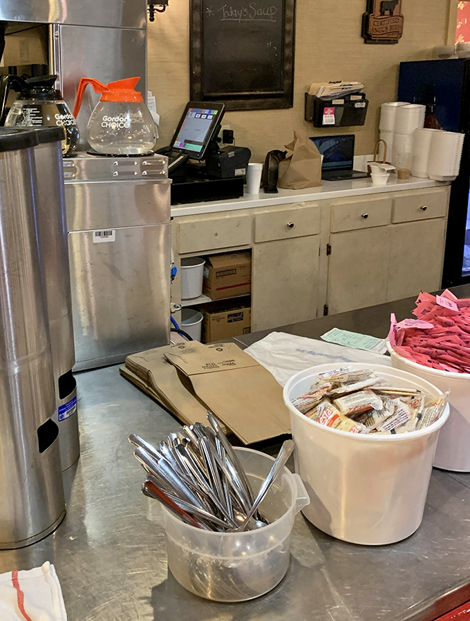 The coffee station&mdash;humble command center of any great American diner. Those silverware buckets have witnessed more breakfast conversations than most therapists.
