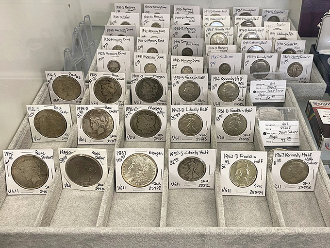 Coin collections showcase currency from eras when pocket change actually bought meaningful purchases at local stores.