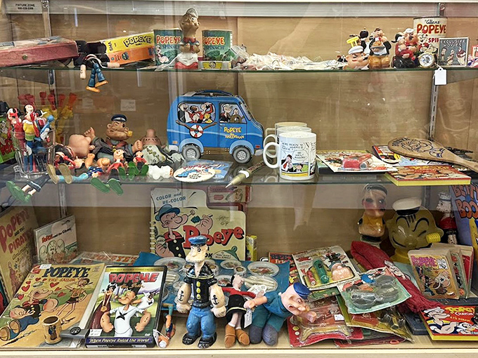 Popeye paradise! This glass case holds the childhood memories of countless Baby Boomers who rushed home after school to catch their favorite sailor.