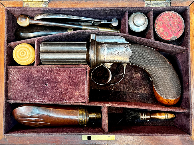 Every compartment in this antique gun case tells a frontier tale. The velvet lining has cradled this pepperbox pistol through Alaska's territorial days.