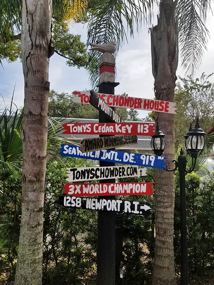 This whimsical directional sign doesn't just tell you where you are&mdash;it tells you you've found somewhere special. Three-time world champion chowder!