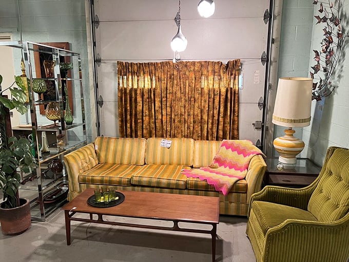 Avocado green and harvest gold never truly died—they were just waiting for their comeback tour in this perfectly preserved living room set.