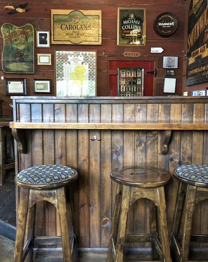 Weathered wood and vintage Irish liquor advertisements transform this counter into a portal to Dublin's finest drinking establishments.