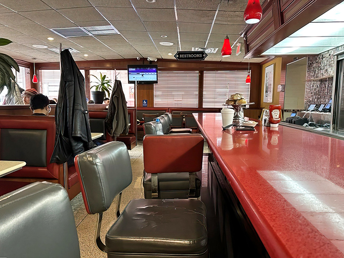 Counter seating with swivel stools where solo diners can enjoy their meal and maybe chat with friendly neighbors.