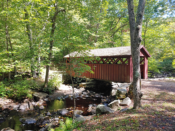 This charming covered bridge looks like it belongs on a New England calendar&mdash;the kind your aunt sends every Christmas.