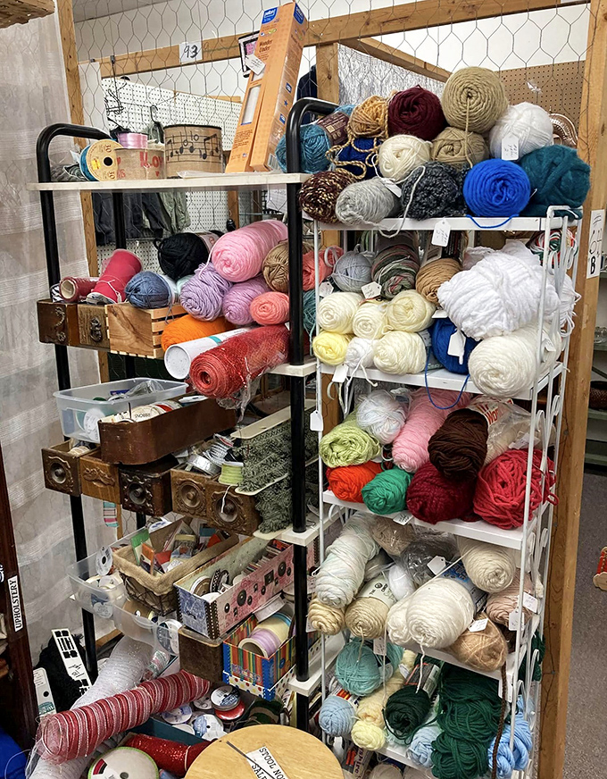 A crafter's dream corner where yarn balls in every hue imaginable promise afternoons of creation. Grandma would approve of these prices and selection.