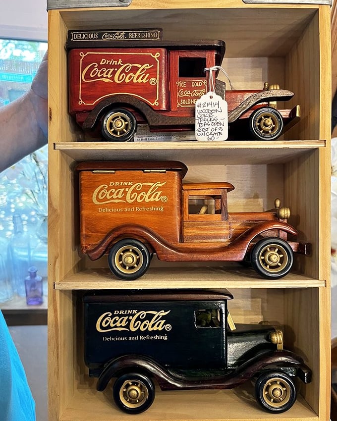 Wooden Coca-Cola delivery trucks in red, natural, and green prove some advertising was simply too beautiful to throw away.