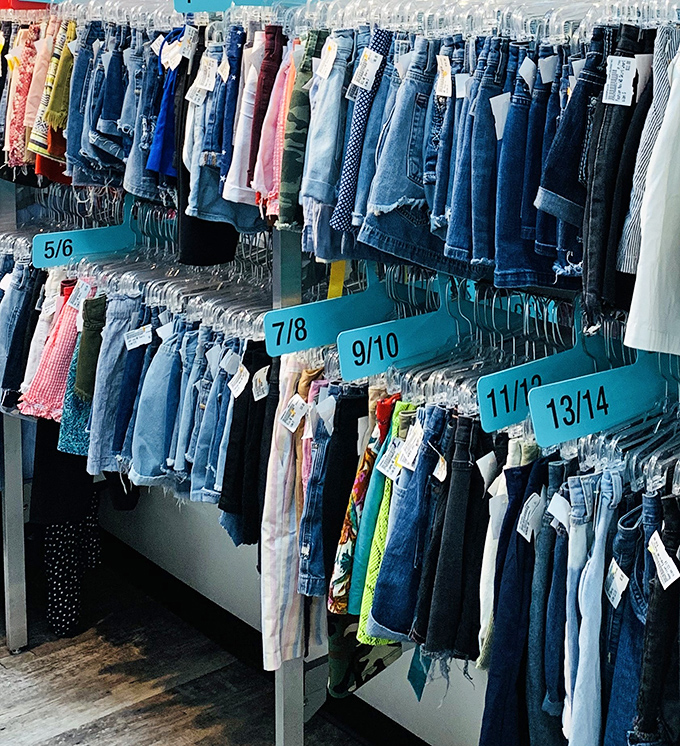 Denim displayed with military precision. Each size clearly marked&mdash;because life's too short to squeeze into jeans that don't fit.