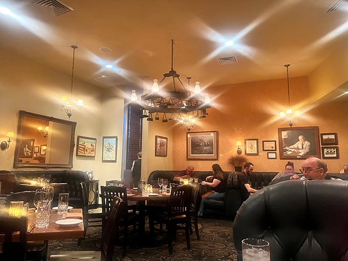 Soft lighting that flatters both the diners and the d&eacute;cor. In this room, everyone looks like they're starring in their own Western-themed romance.