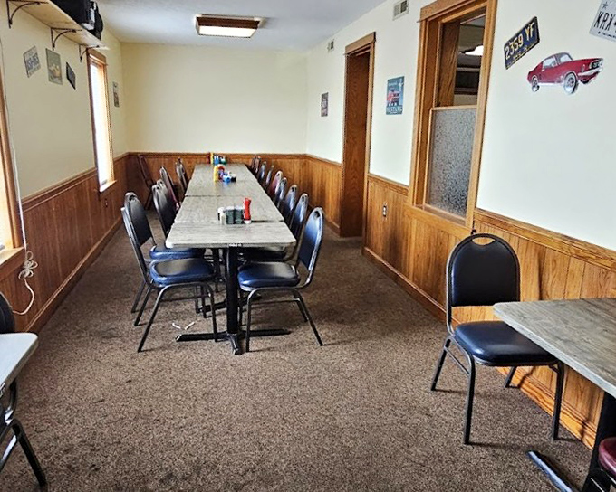 The dining area isn't designed by architects but by generations of elbows, conversations, and coffee refills.