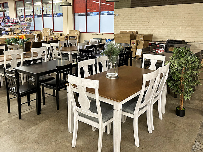 Dining sets that whisper, "Yes, you can host Thanksgiving this year." Farmhouse chic meets practical reality.