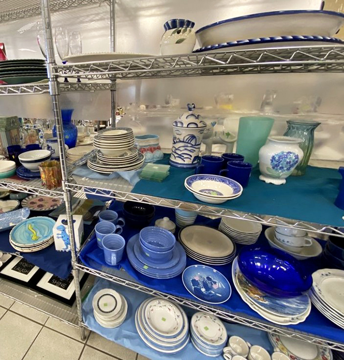 Blue and white dishware arranged like an archaeological dig through America's dining history. Someone's past table setting becomes your future dinner party star.