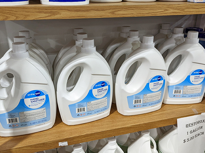 Industrial-sized hand sanitizer bottles prove even practical necessities come at ReStore prices that make bulk buying feel downright sensible and thrifty.