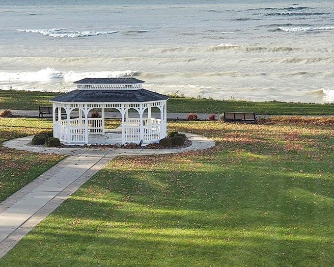 The gazebo offers front-row seats to Lake Erie's daily performance &ndash; no ticket required, though early arrival is recommended for sunset shows.