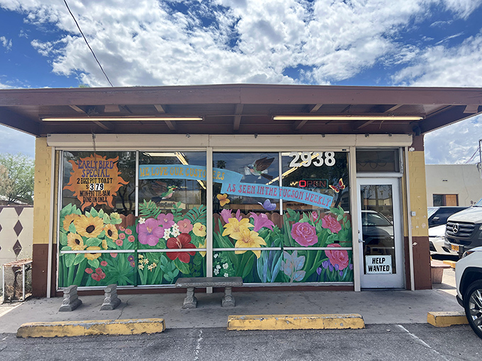 Colorful flower paintings brighten the storefront, promising a blooming good meal inside this unassuming Tucson treasure.
