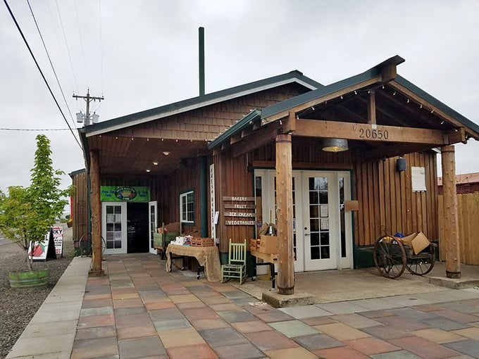 The farmstand's entrance promises farm-fresh delights, with rustic charm that feels like stepping into a simpler, tastier time.