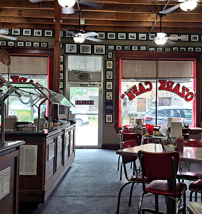 Red chairs invite weary travelers to rest their bones while vintage photographs on the walls silently share stories of Jasper's colorful past.