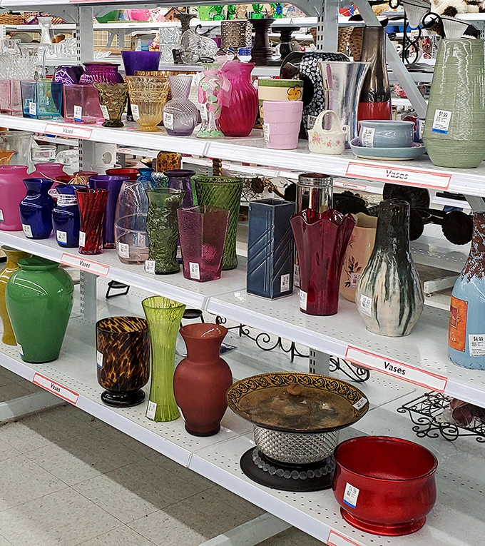 Vases in every conceivable color stand at attention, ready to transform $5 grocery store flowers into "I hired a decorator" centerpieces.