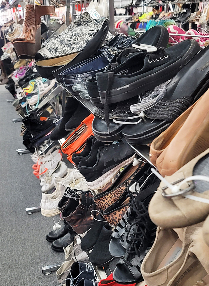 The shoe section: where practical meets whimsical, and someone's barely-worn designer castoffs become your signature style.