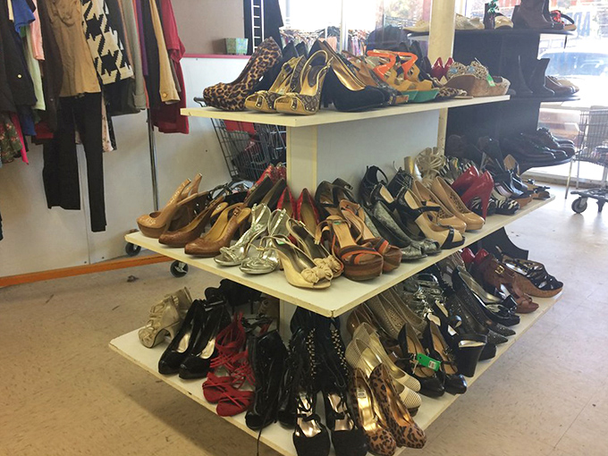 Footwear fantasies come true on these shelves, where designer boots and practical sneakers coexist in budget-friendly harmony.