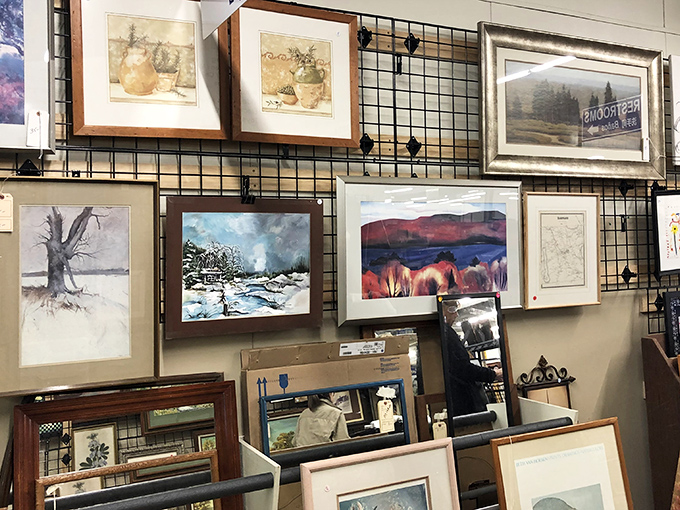Original artworks hang like a gallery opening, offering culture and creativity at thrift store prices.