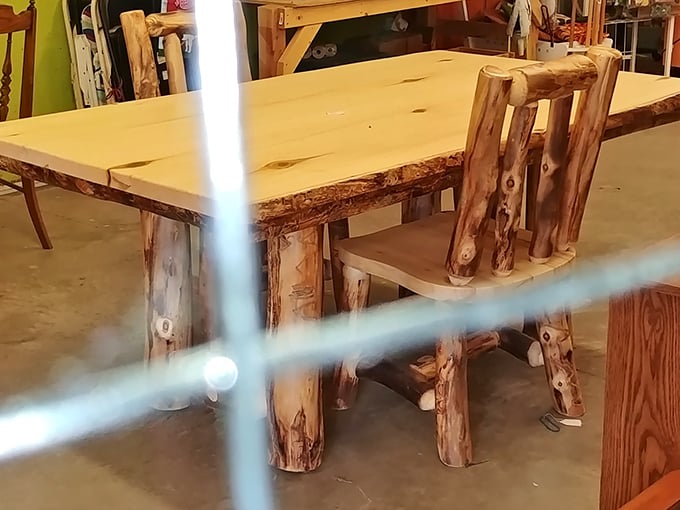 Rustic elegance in wood form. This handcrafted log table brings the forest indoors, minus the bears and mosquitoes.