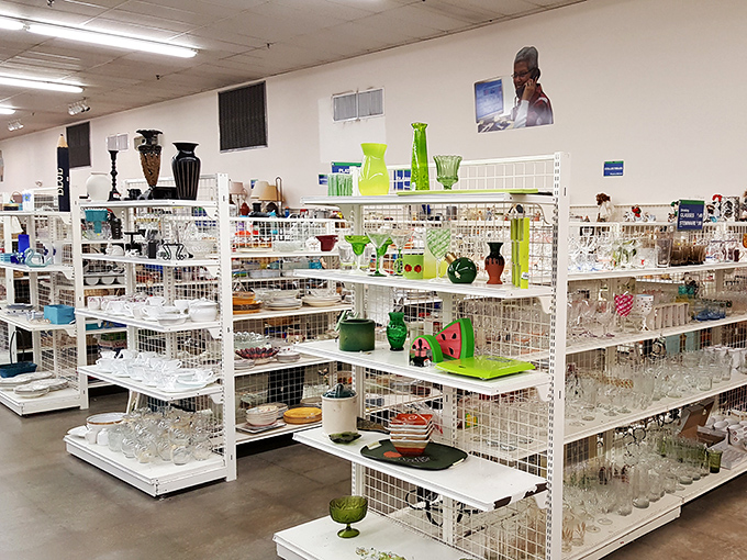 The glassware aisle sparkles with potential dinner party stars. Those green vessels would make even tap water look fancy!