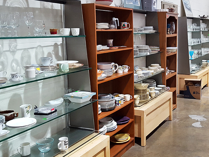 Dishes and glassware arranged like a dinner party waiting to happen &ndash; BYOF (bring your own food).
