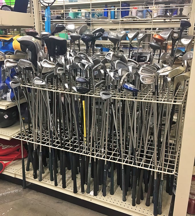 Golf club forest! Where weekend warriors' abandoned dreams stand at attention, waiting for your swing to give them purpose again.