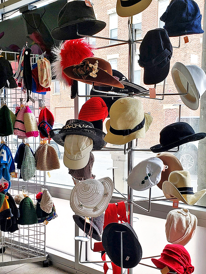 Hat-tastic! From fedoras to sun hats, this rotating display offers headwear solutions for every season and personality type.