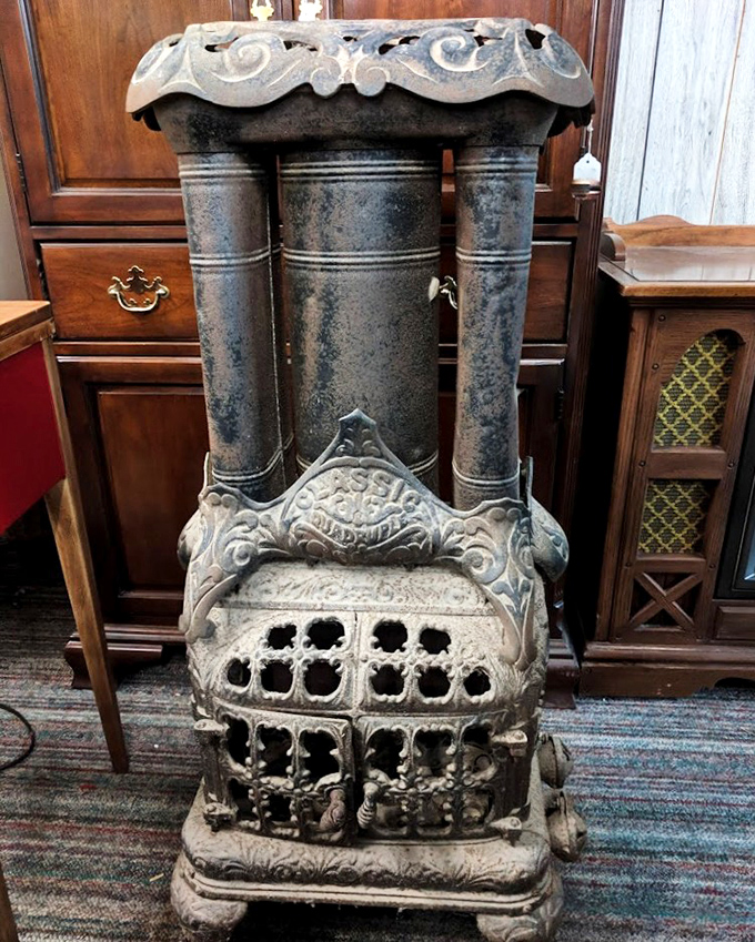 This ornate heating stove isn't just functional—it's Victorian sculpture. Keeping ancestors warm with a side of architectural drama.